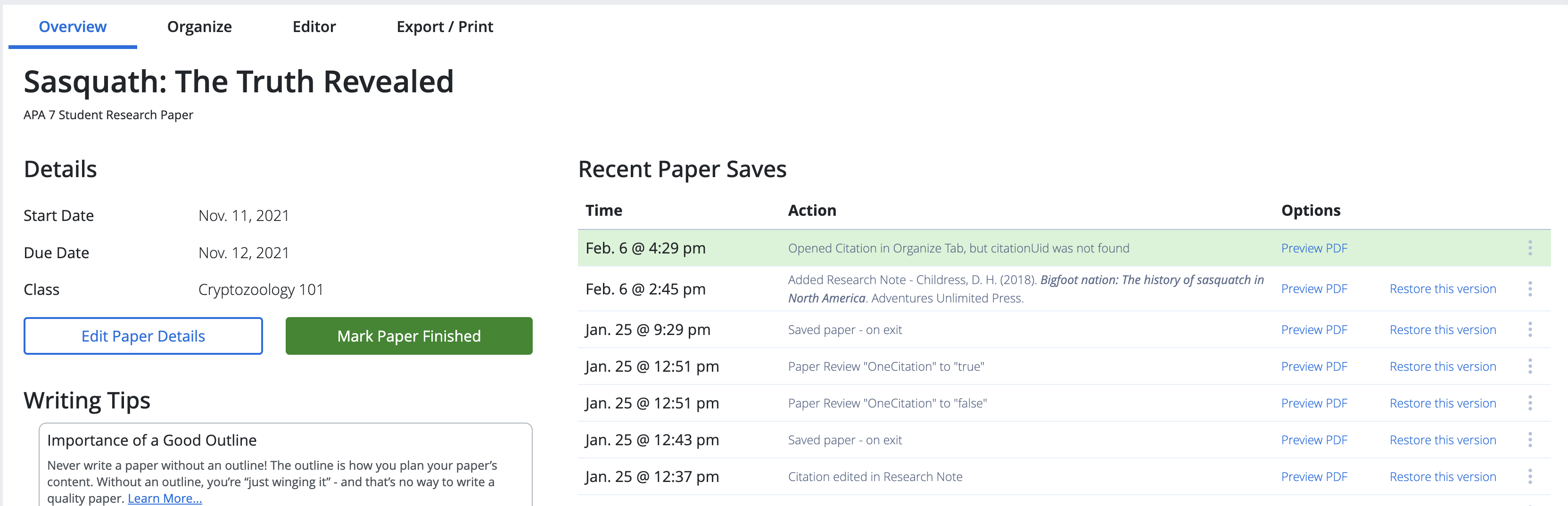 Restoring your papers from previous saves in PERRLA Online – PERRLA